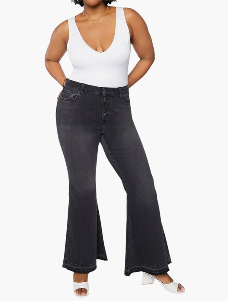 MyRunway | Shop Forever 21 Curve Washed Black High Rise Split Flare Jeans for Women from ...